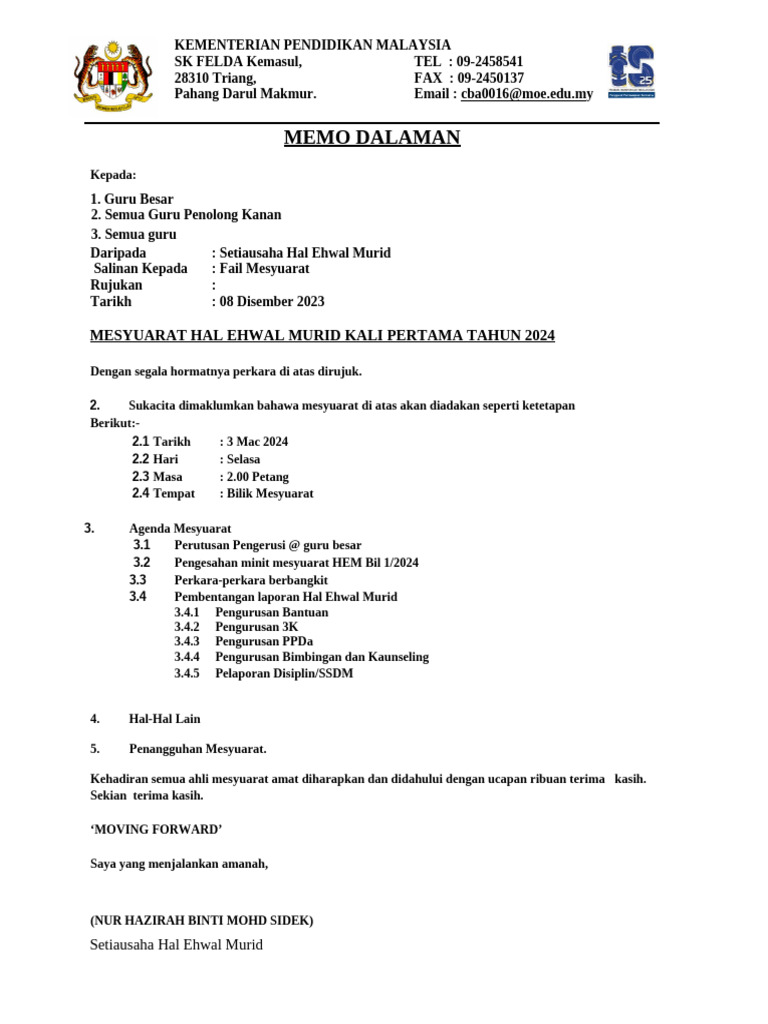 Memo Panggilan Mesyuarat Hem 1 2024 | PDF