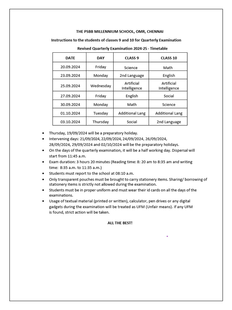 Quarterly Exams - Schedule & Instructions - Classes 9&10 - Revised | PDF