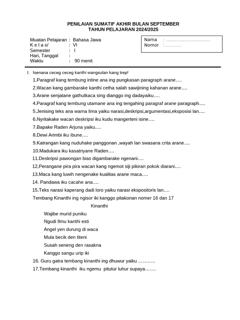Soal Tab Bahasa Jawa | PDF