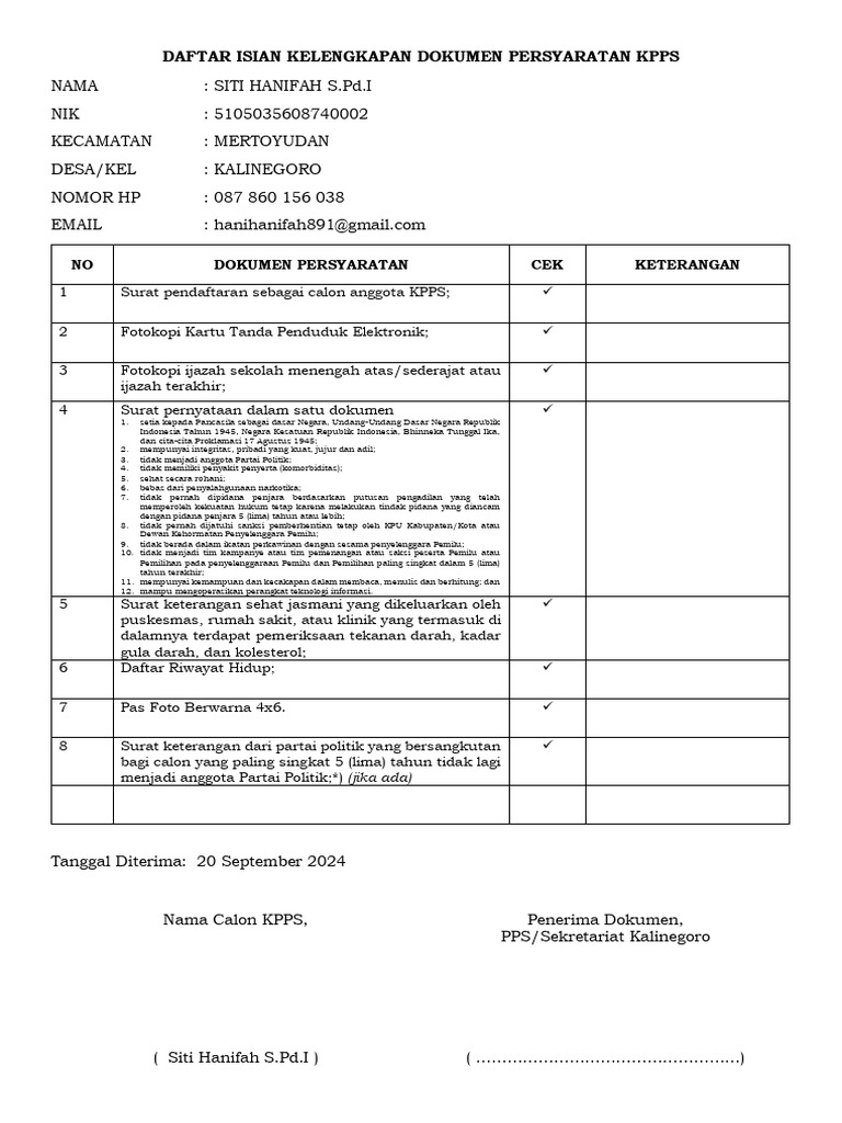 Daftar Isian Kelengkapan Dokumen Persyaratan KPPS | PDF Daftar Isian Kelengkapan Dokumen Persyaratan KPPS | PDF