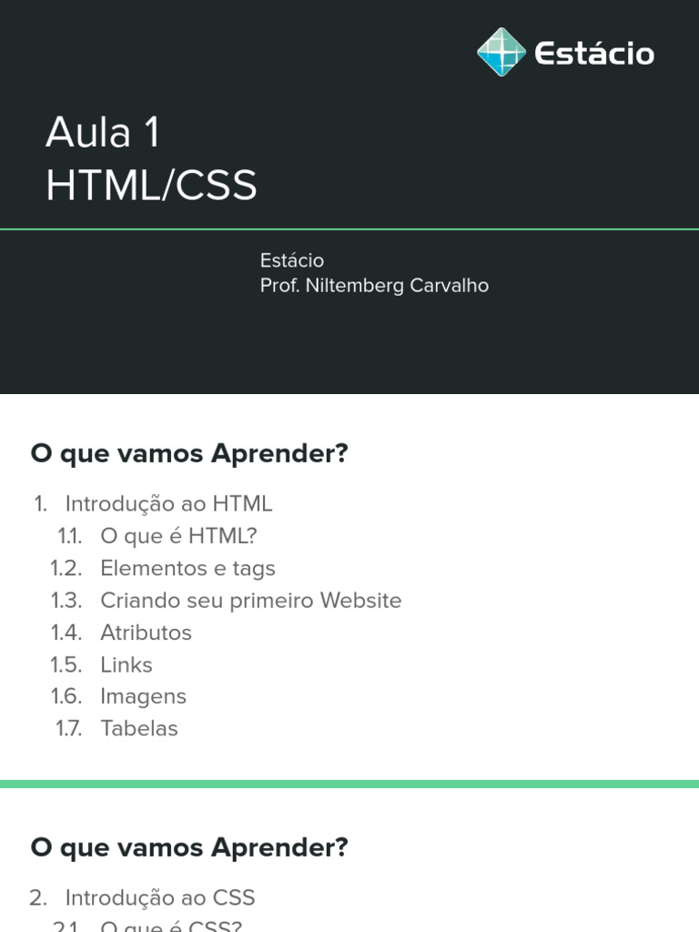 Aula 1 - Estácio - Introdução Ao HTML - CSS | PDF Aula 1 - Estácio - Introdução Ao HTML - CSS | PDF