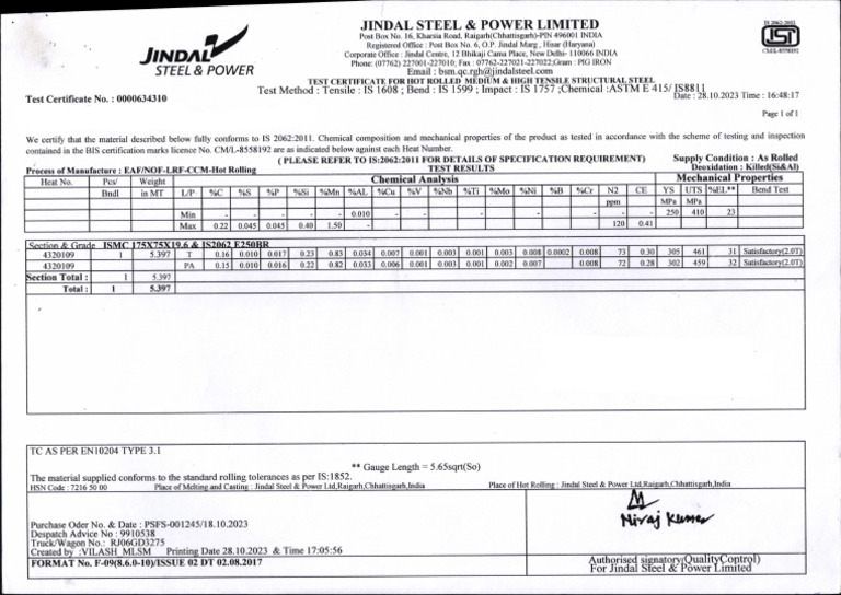 JSPL TC11112344 | PDF