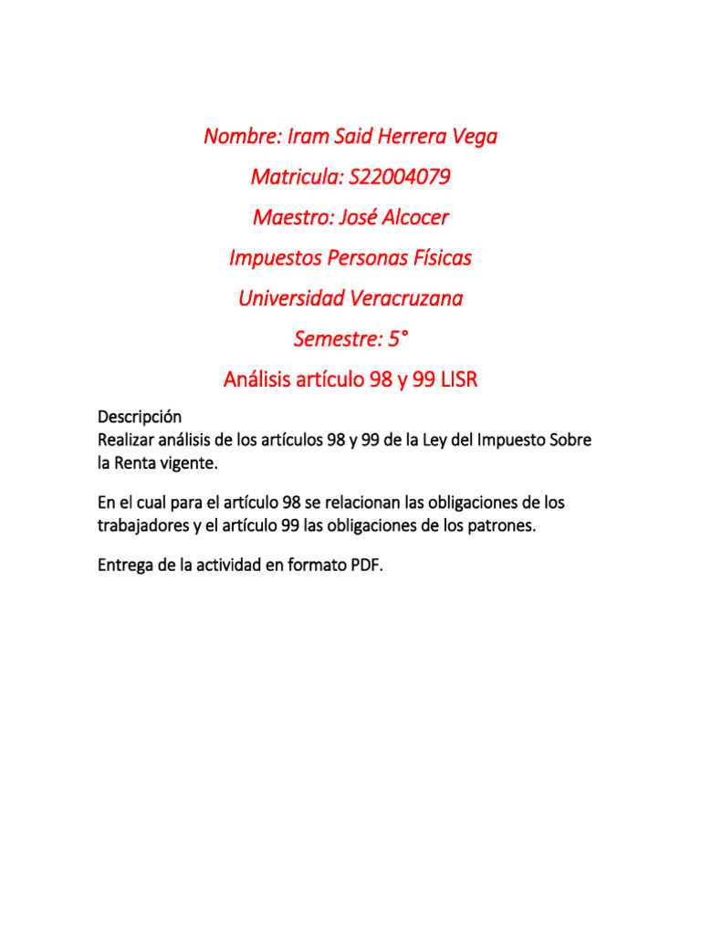 Análisis De Artículos 98 Y 99 Lisr Pdf Impuesto Sobre La Renta