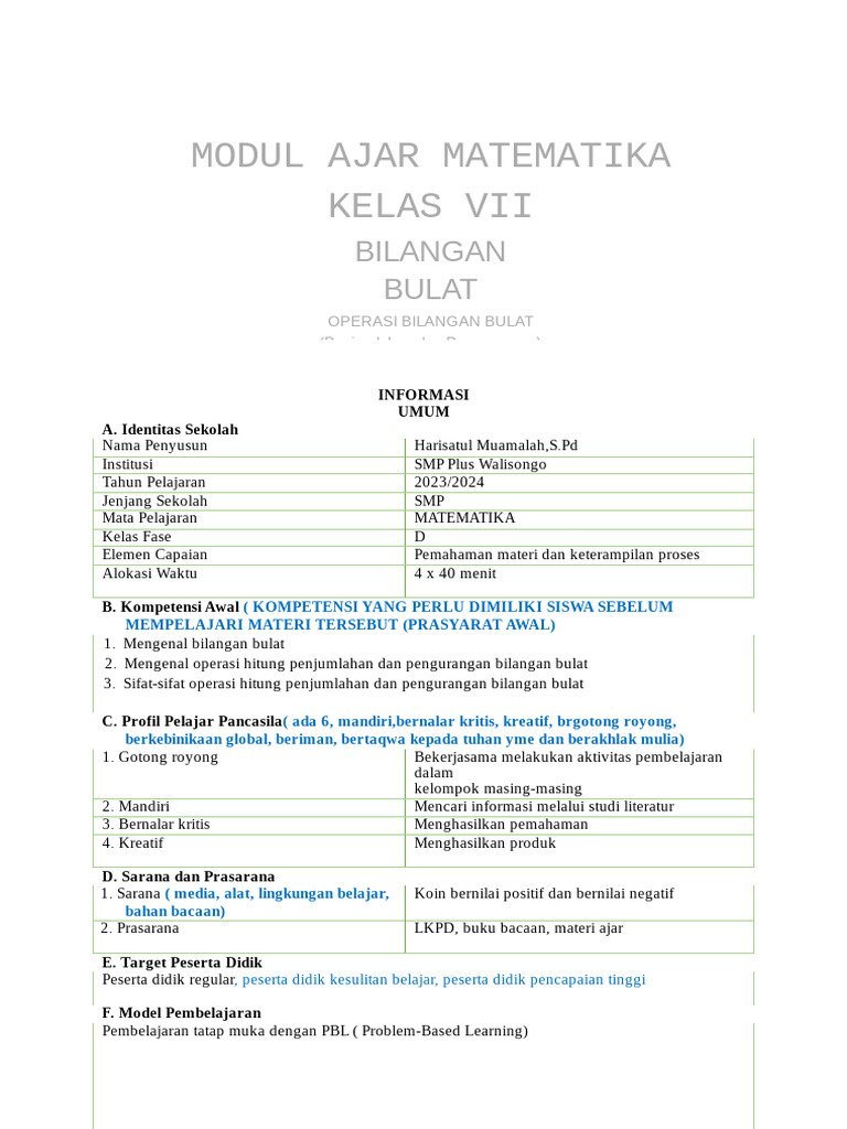 Modul Ajar MTK 7 | PDF