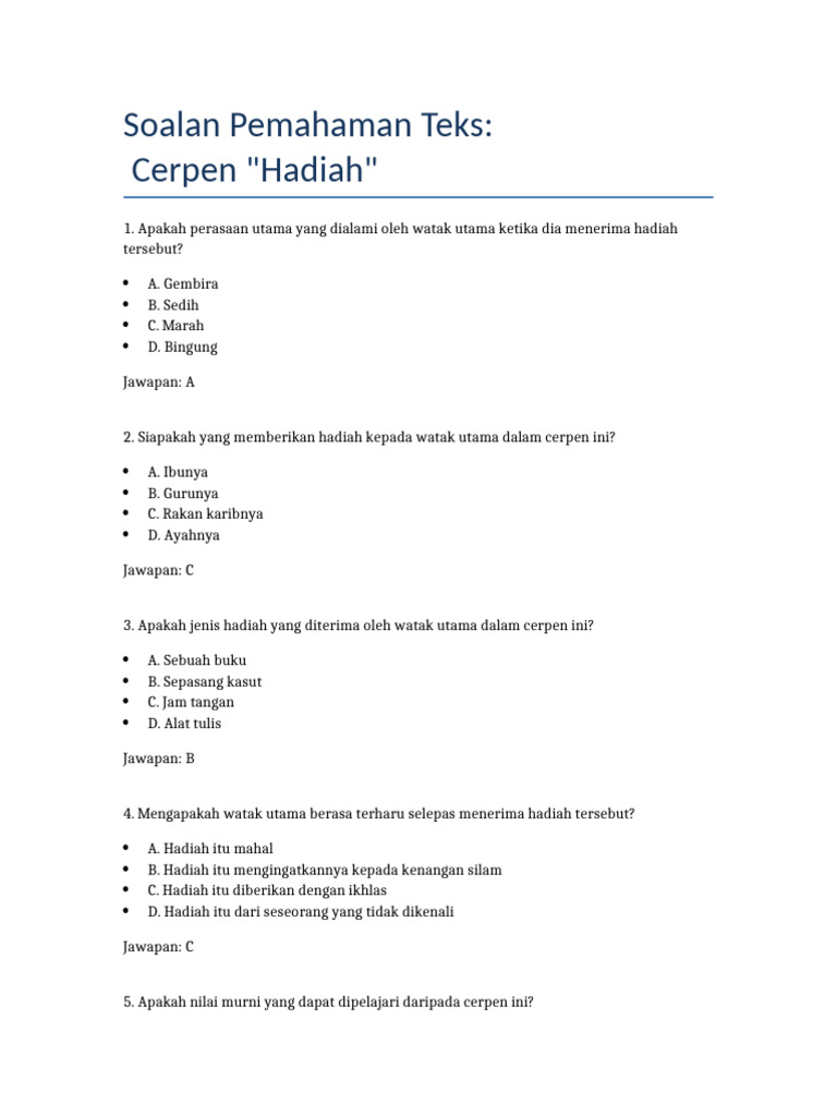 Soalan Pemahaman Teks Cerpen Hadiah | PDF