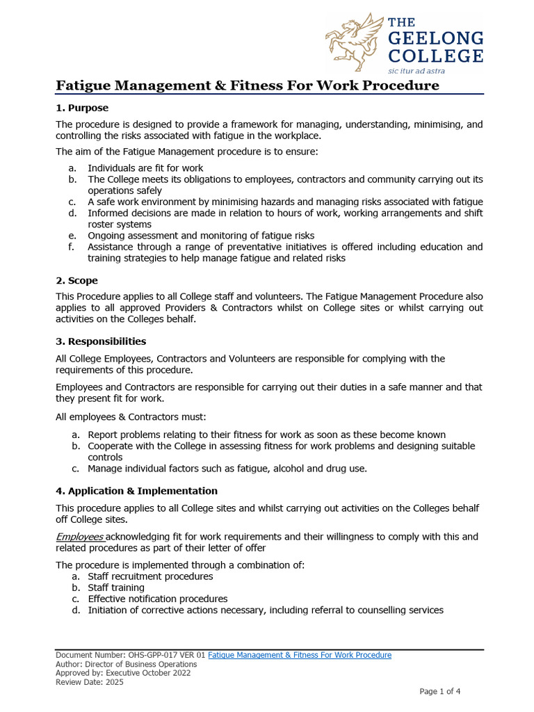 Fatigue Management & Fitness For Work Procedure | PDF