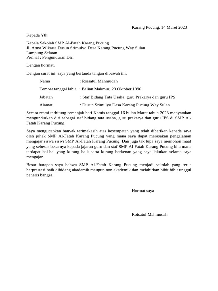 Pengunduran Diri Staf SMP Al-Fatah | PDF