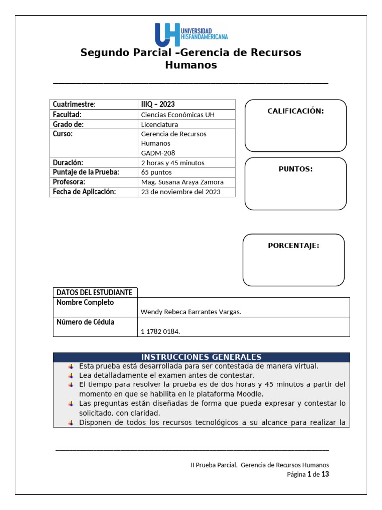 II Examen Parcial GRH IIIQ FINAL | PDF