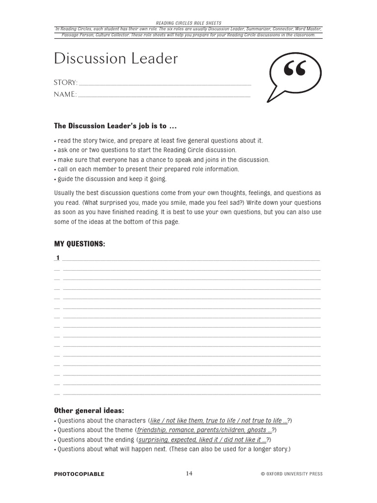 Role Sheets - Reading Circles | PDF | Self-Improvement