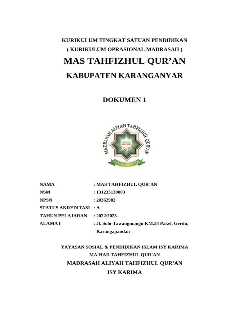 Hal Depan KTSP Matiq 2022-2023 | PDF