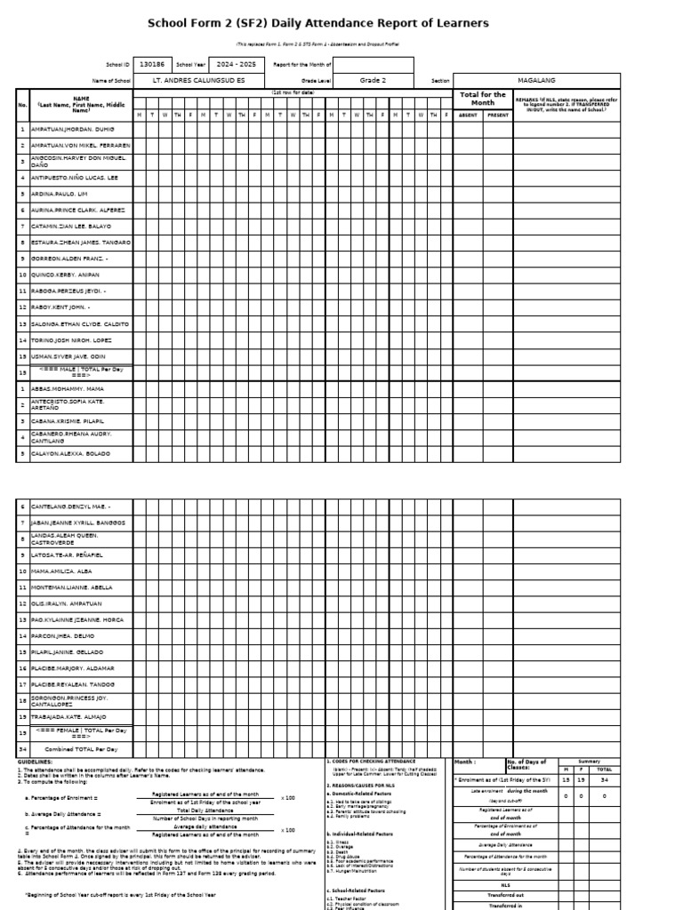 Grade 2 Daily Attendance Report 2024 | PDF | Life Skills | Youth