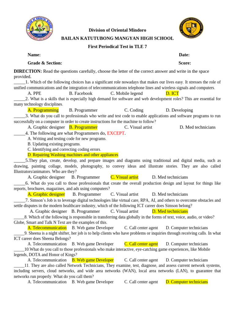 G7 TLE 1Q EXAM | PDF