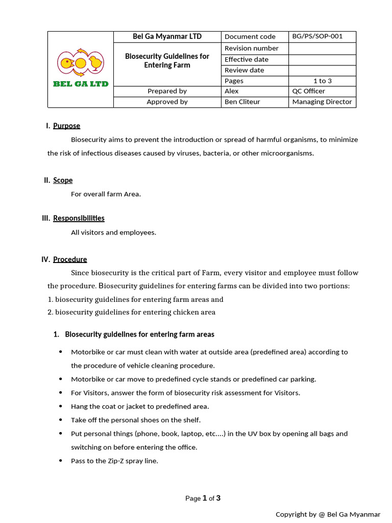 Biosecurity Guideline For Entering Farm | PDF