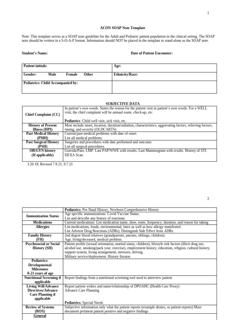 SOAP Note Template Peds and Adult 9-7-21 (003) Final-2 | PDF