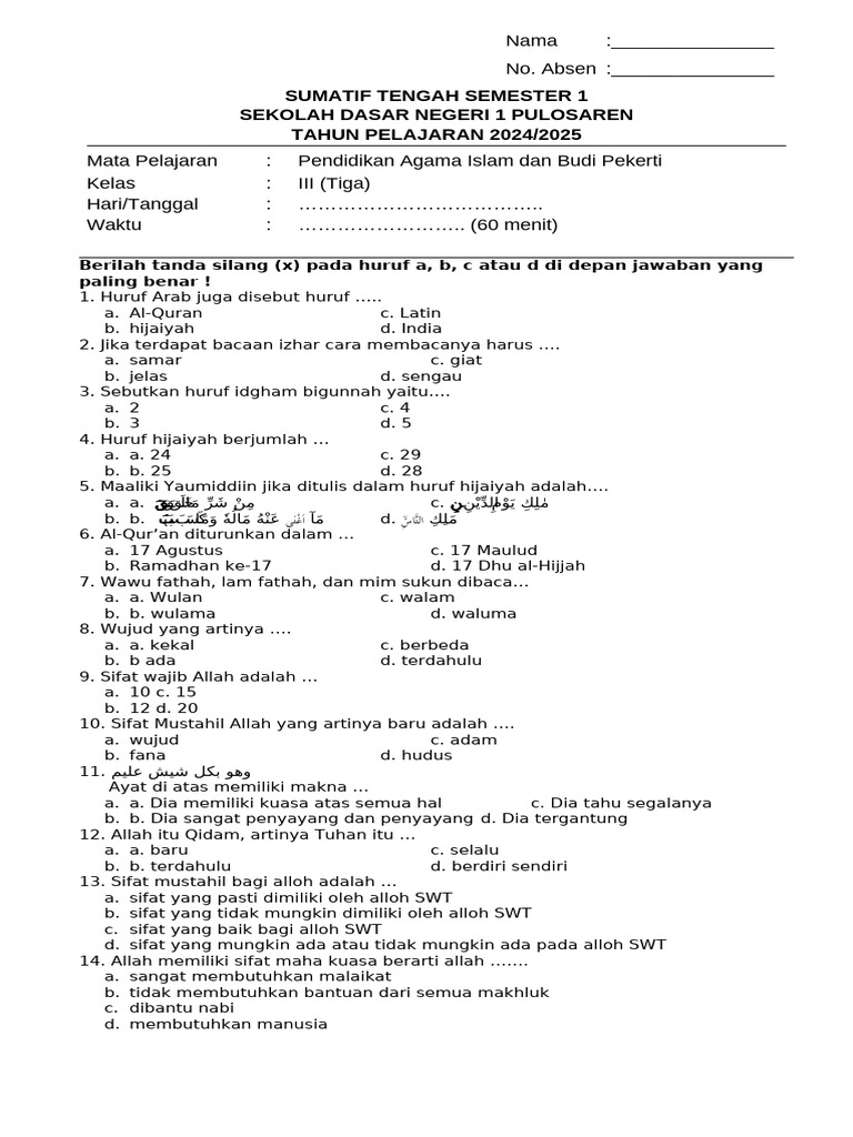 Soal &Jawaban PTS PAI Kelas 3 Ganjil - www.kherysuryawan.id | PDF