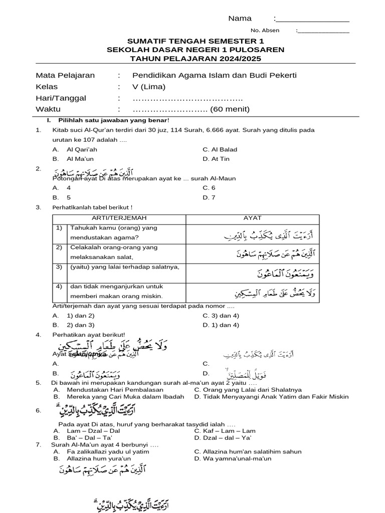 Soal PTS 1 Pai Kelas 5 - 24-25 Fix | PDF