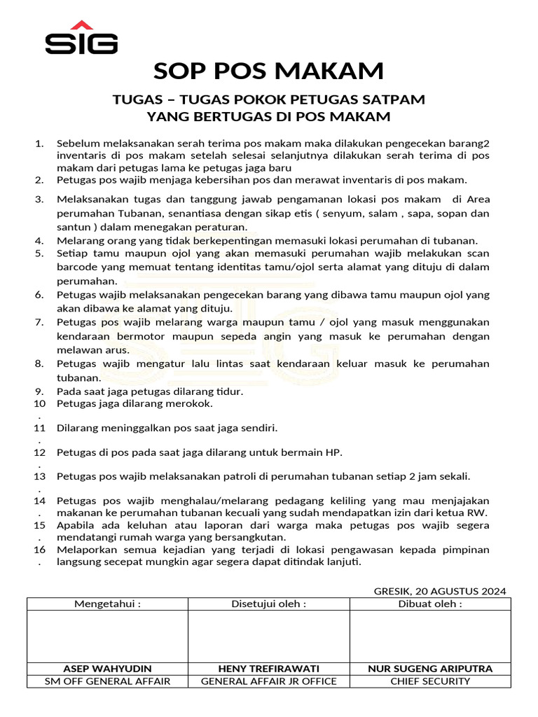 Instruksi Kerja Pt. Tdp Plan Grs Per Pos | PDF