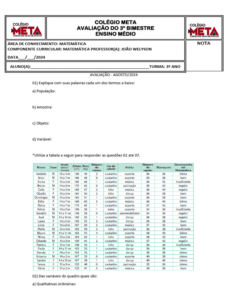 PROVA 3 ano - agosto | PDF