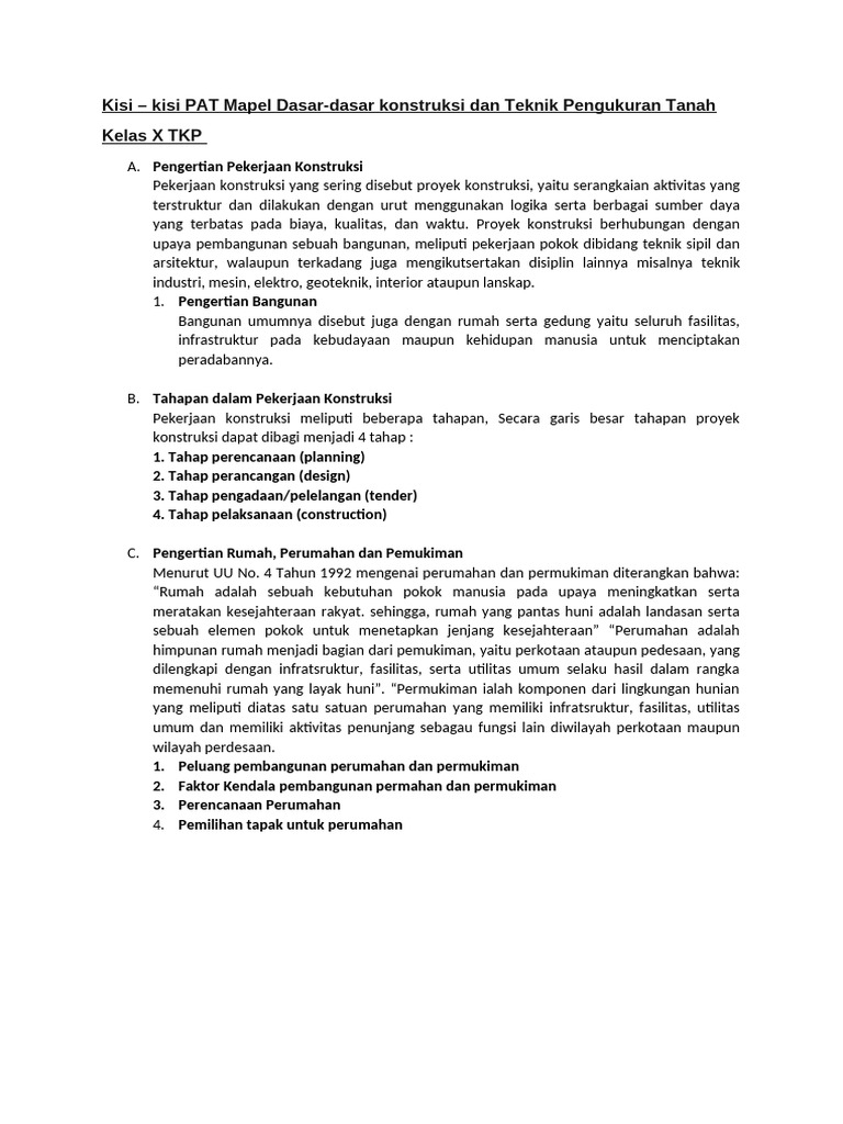 Kisi Kisi Dasar Konstruksi Dan Pengukuran Tanah X TKP | PDF
