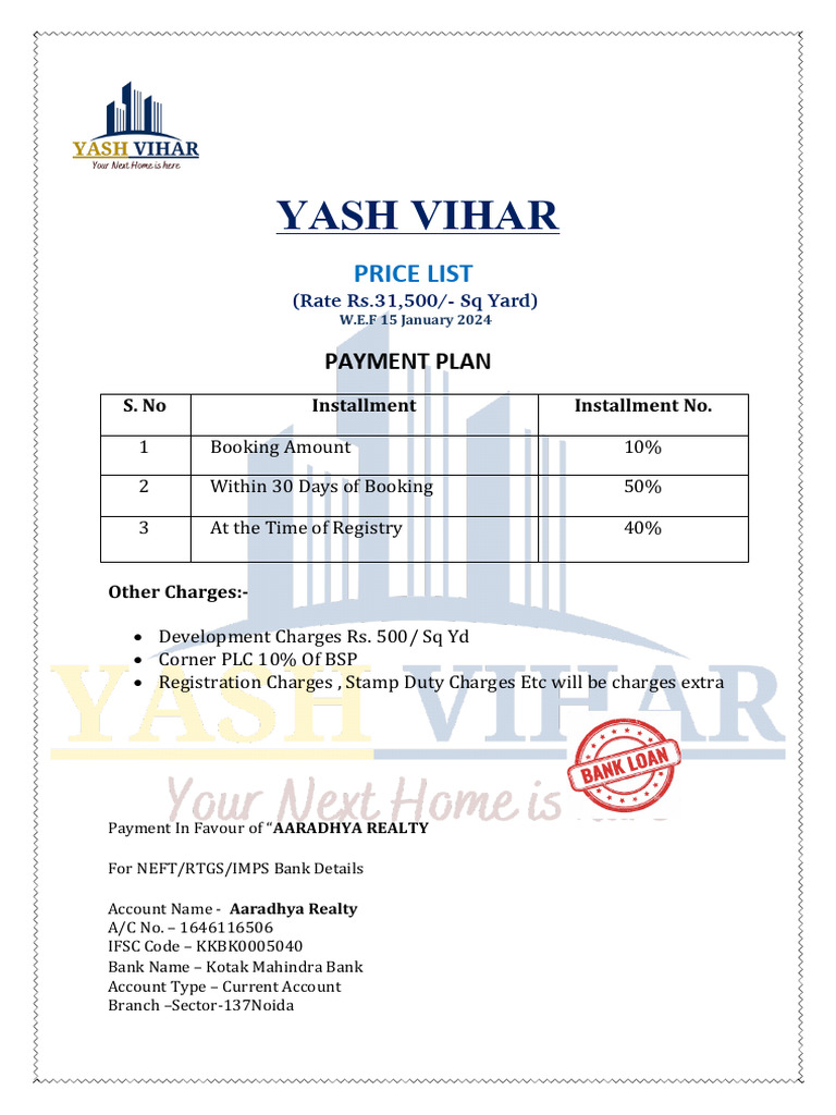 Yash Vihar - Price List-002 | PDF