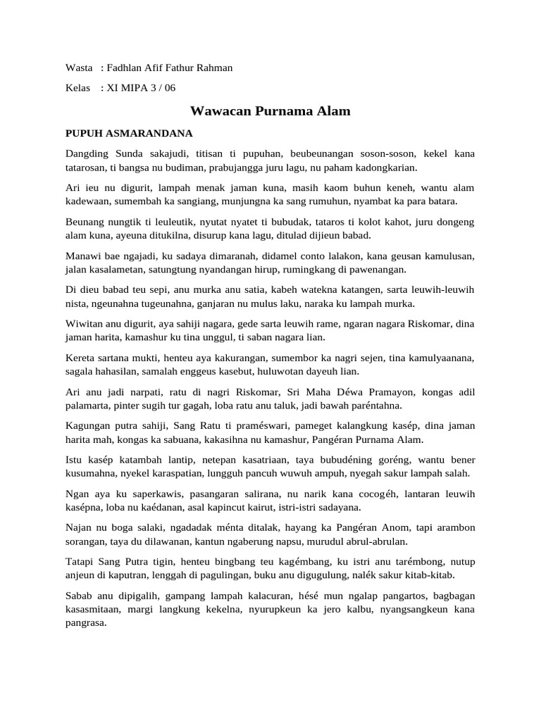Wawacan Sunda - Fadhlan Afif - XI MIPA 3 | PDF