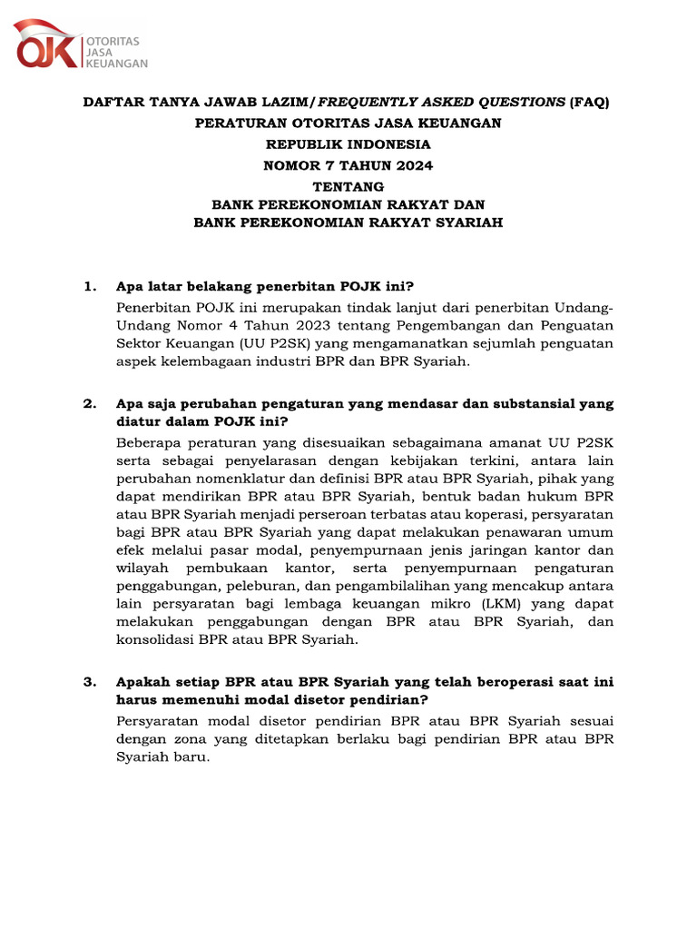 Ringkasan POJK 7 Tahun 2024 | PDF