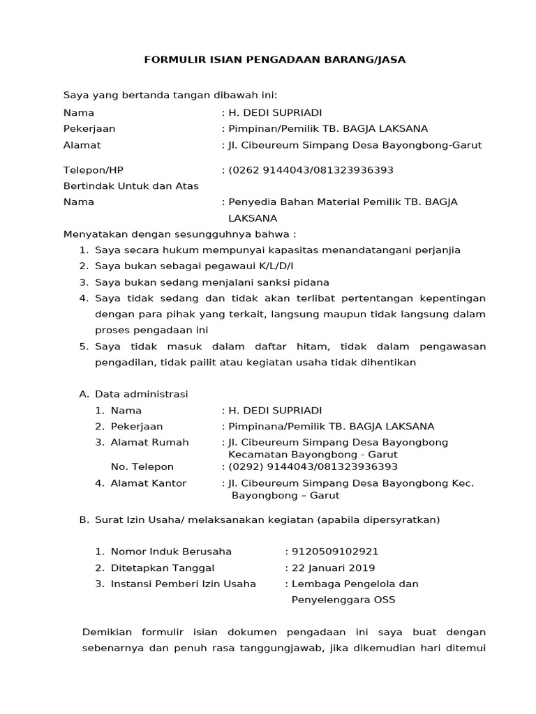 Formulir Isian Pengadaan Barang Jasa | PDF