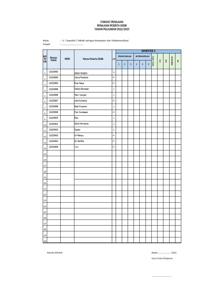 Daftar Nilai PAI 2 | PDF