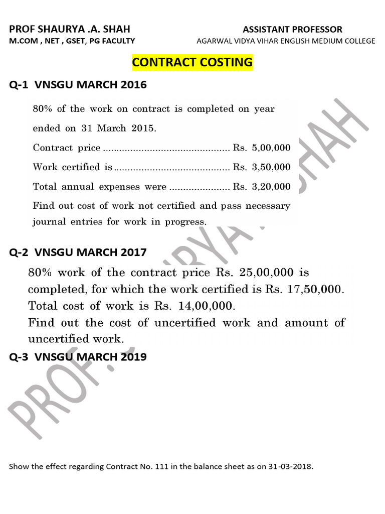 Contract Costing Sums Costing Shaurya Sir Pdf