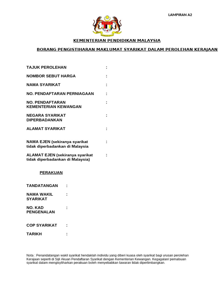 BORANG PENGISTIHARAN MAKLUMAT SYARIKAT DALAM PEROLEHAN KERAJAAN | PDF