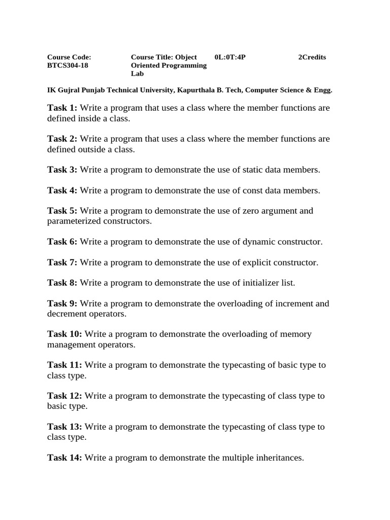 Object-Oriented Programming Lab Tasks | PDF