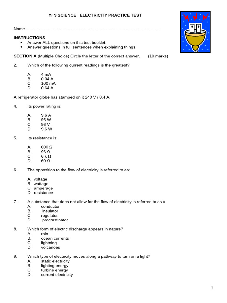 Electricity Practice Test 1 | PDF