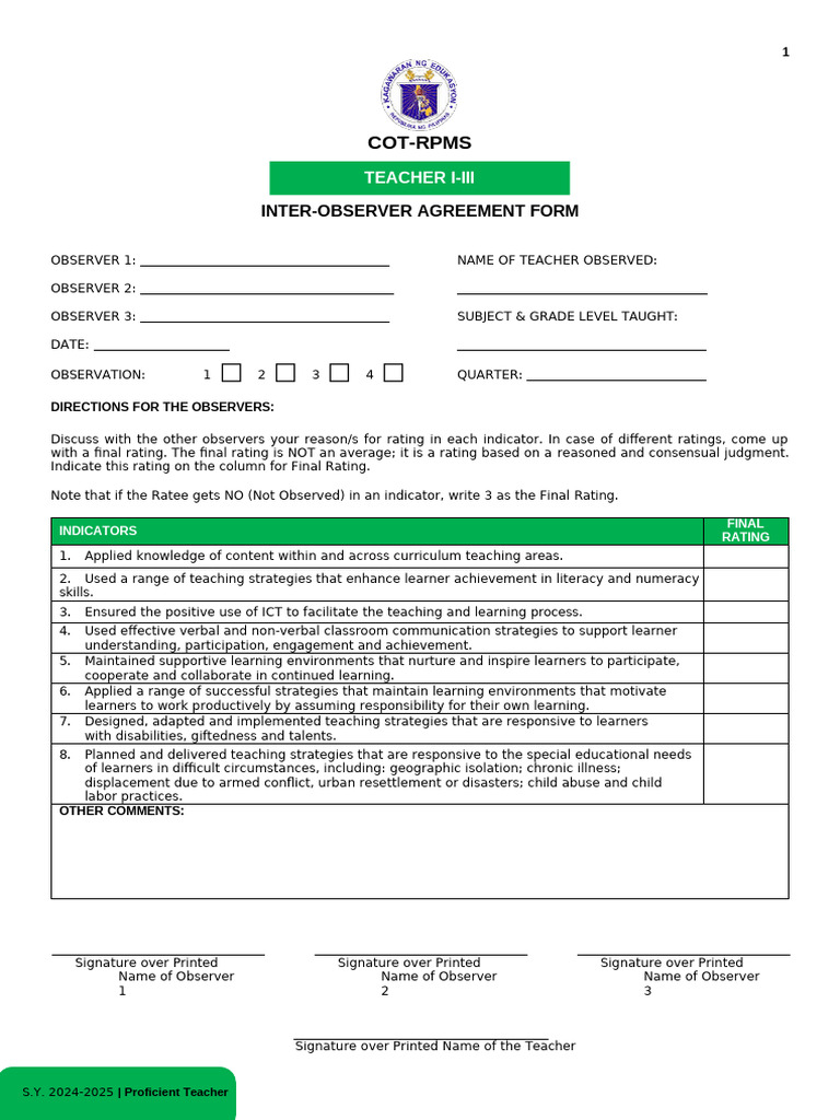(Appendix C-11) COT-RPMS Inter-Observer Agreement Form For T I-III For ...