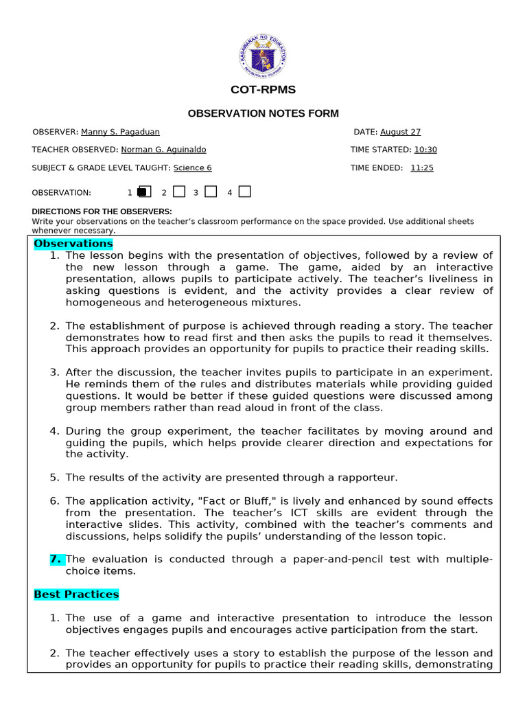 (Appendix C-08) COT-RPMS Observation Notes Form | PDF | Teachers | Learning