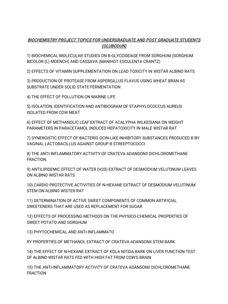 Biochemistry Project Topics | PDF