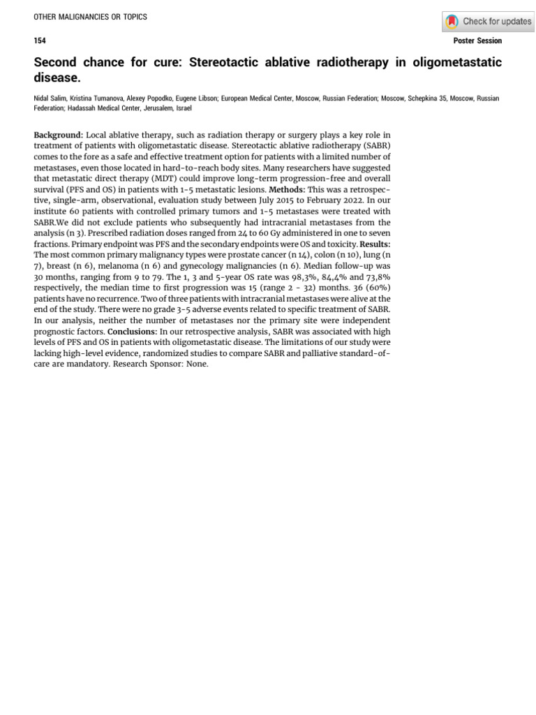 Salim Et Al 2023 Second Chance For Cure Stereotactic Ablative Radiotherapy in Oligometastatic ...