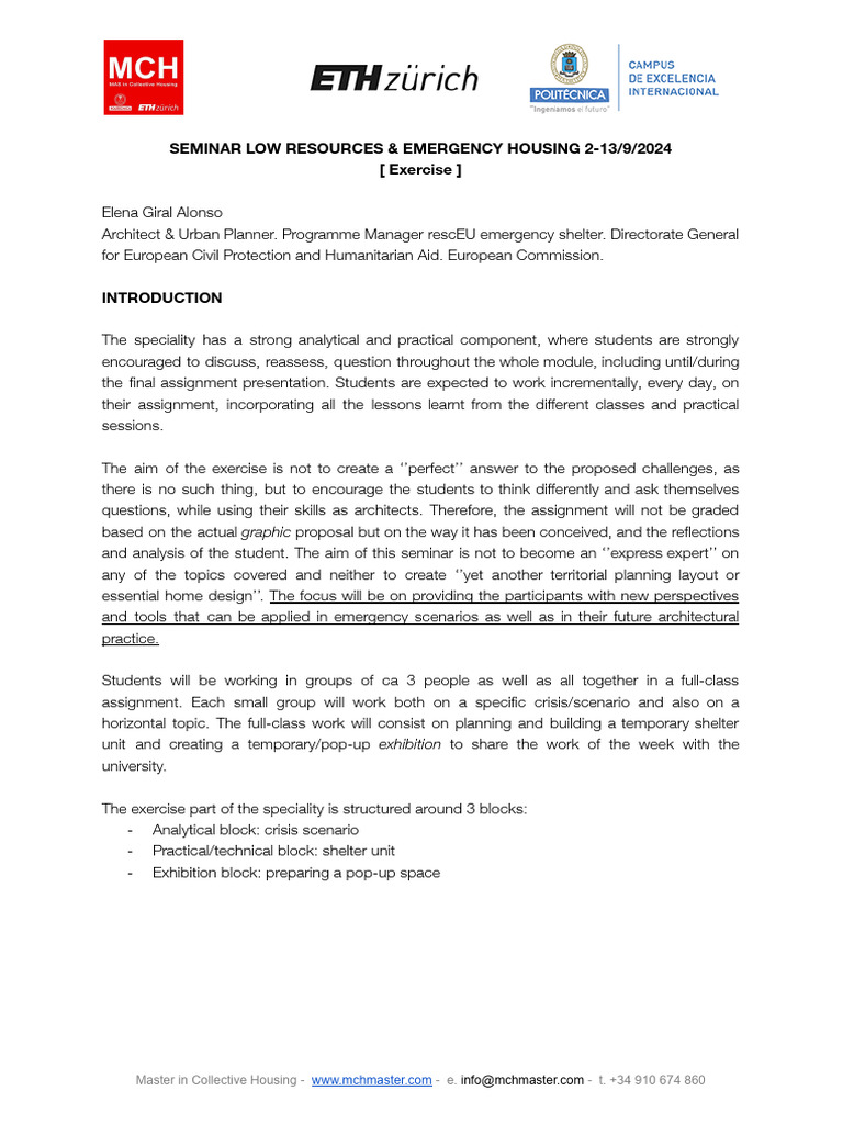 Low Resources and Emergency Housing Module MCH 2024 - Exercise and Deliverables-2 | PDF