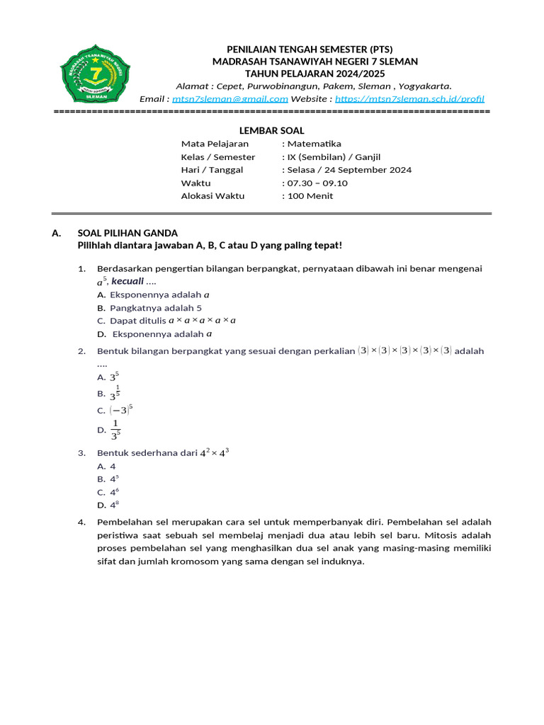 SOAL PTS GASAL - MATEMATIKA - IX Kurikulum 2013 | PDF
