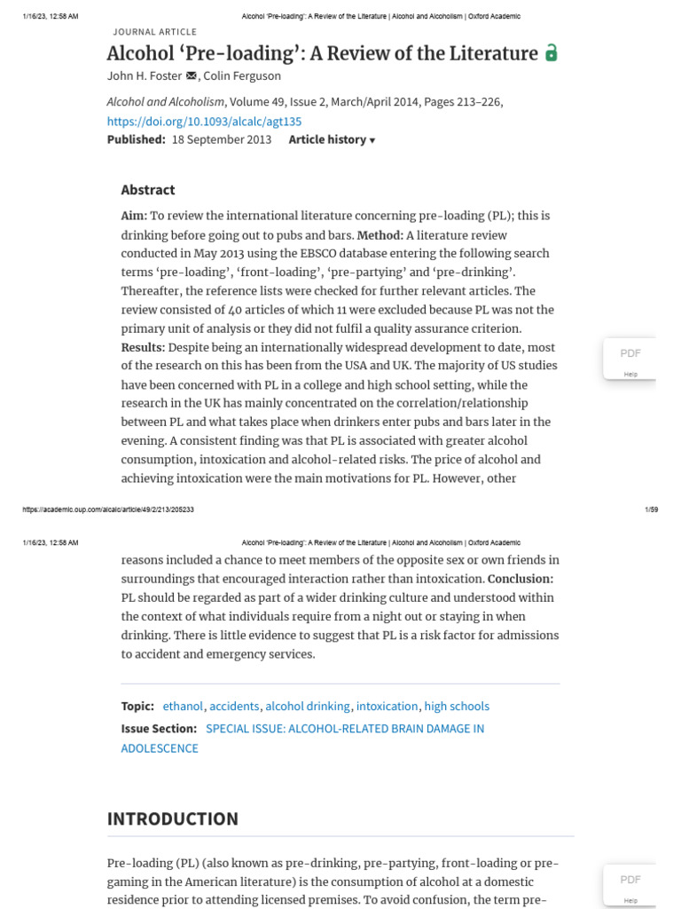 Alcohol Pre-Loading' | PDF