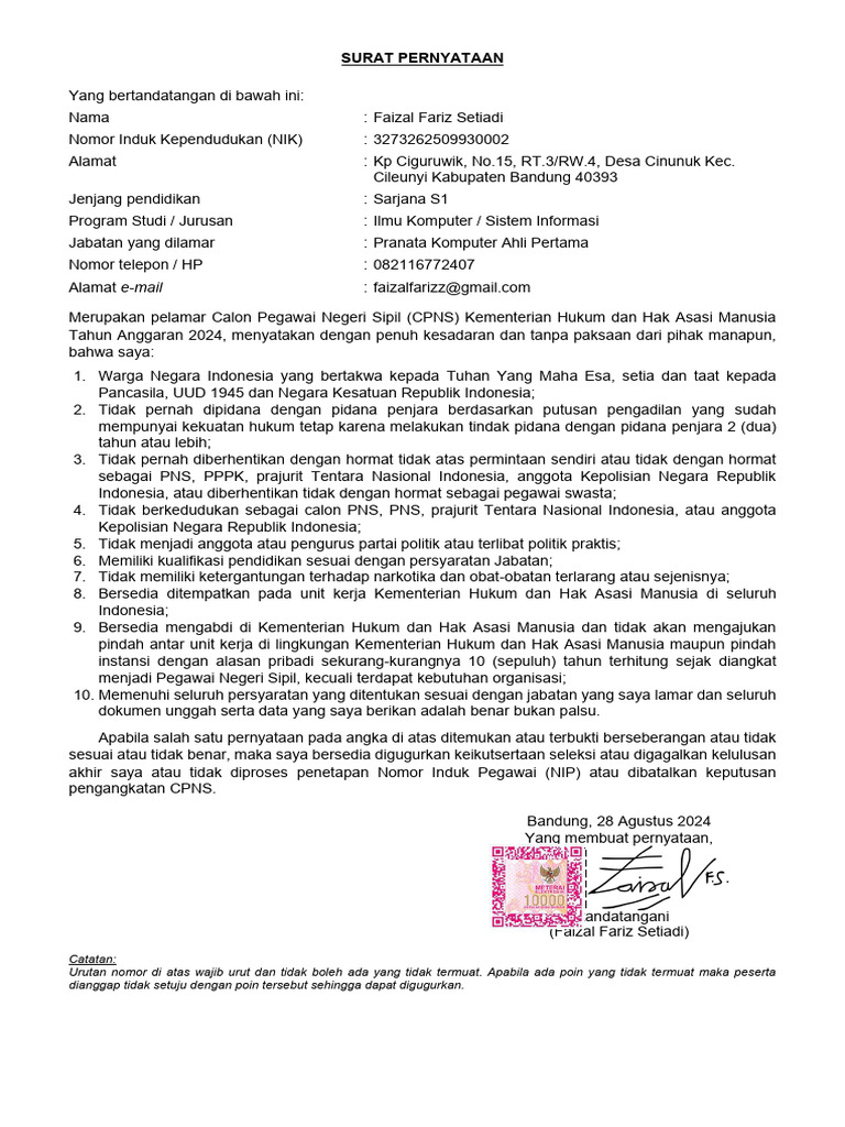 Final Surat Pernyataan CPNS 2024 | PDF