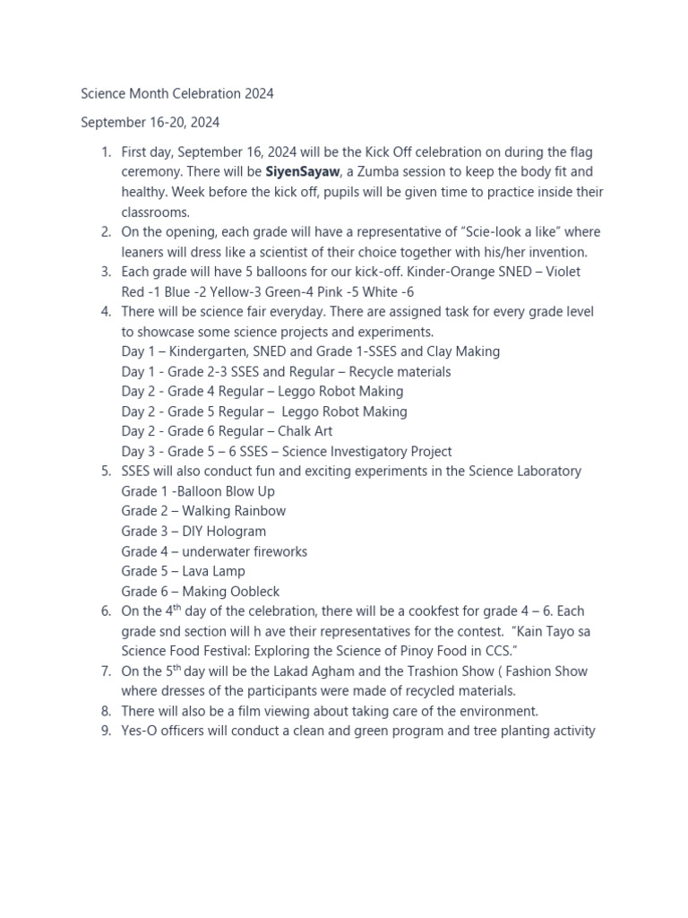 Science Month Celebration 2024 Events | PDF | Science & Mathematics