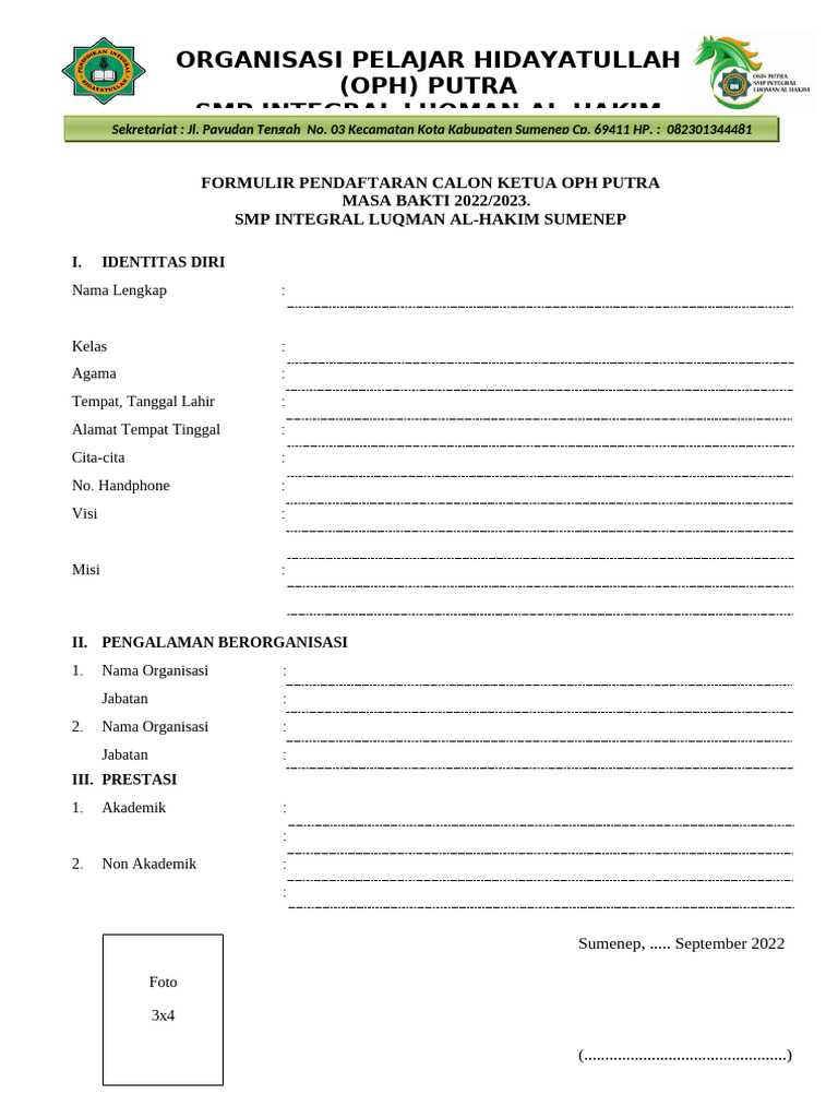 Formulir Pendaftaran Calon Ketua Osis Masa Bakti 2021 | PDF