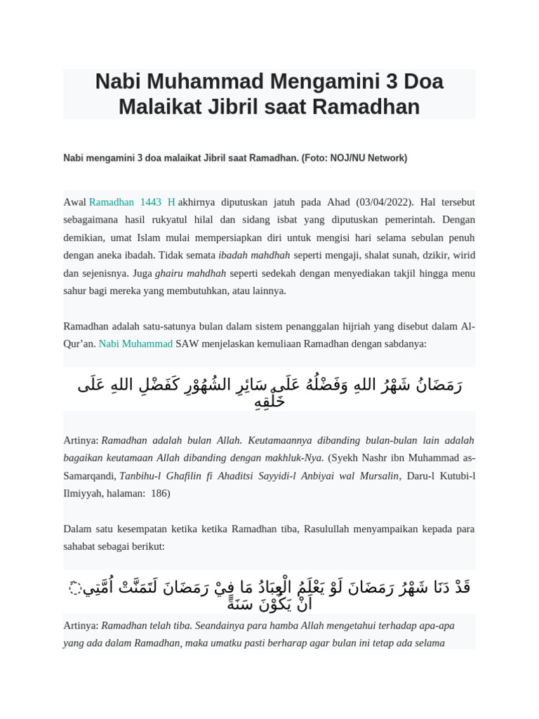 Nabi Muhammad Mengamini 3 Doa Malaikat Jibril Saat Ramadhan | PDF