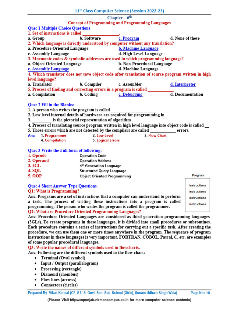 11 Class Computer Science (Session 2022-23) : C. Program B. Machine Language | PDF
