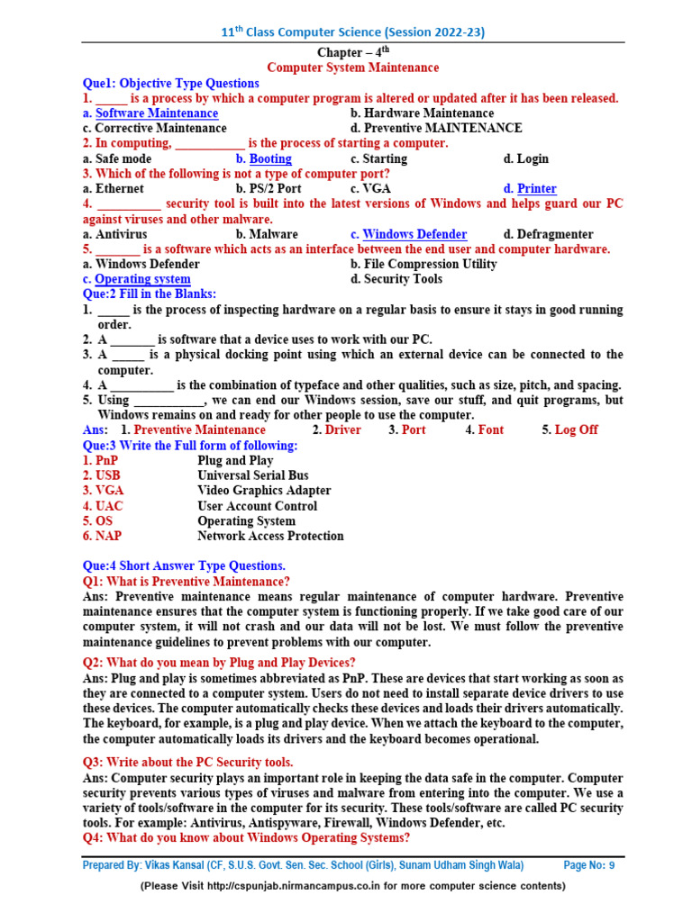 11 Class Computer Science (Session 2022-23) : Que1: Objective Type Questions A. Software ...