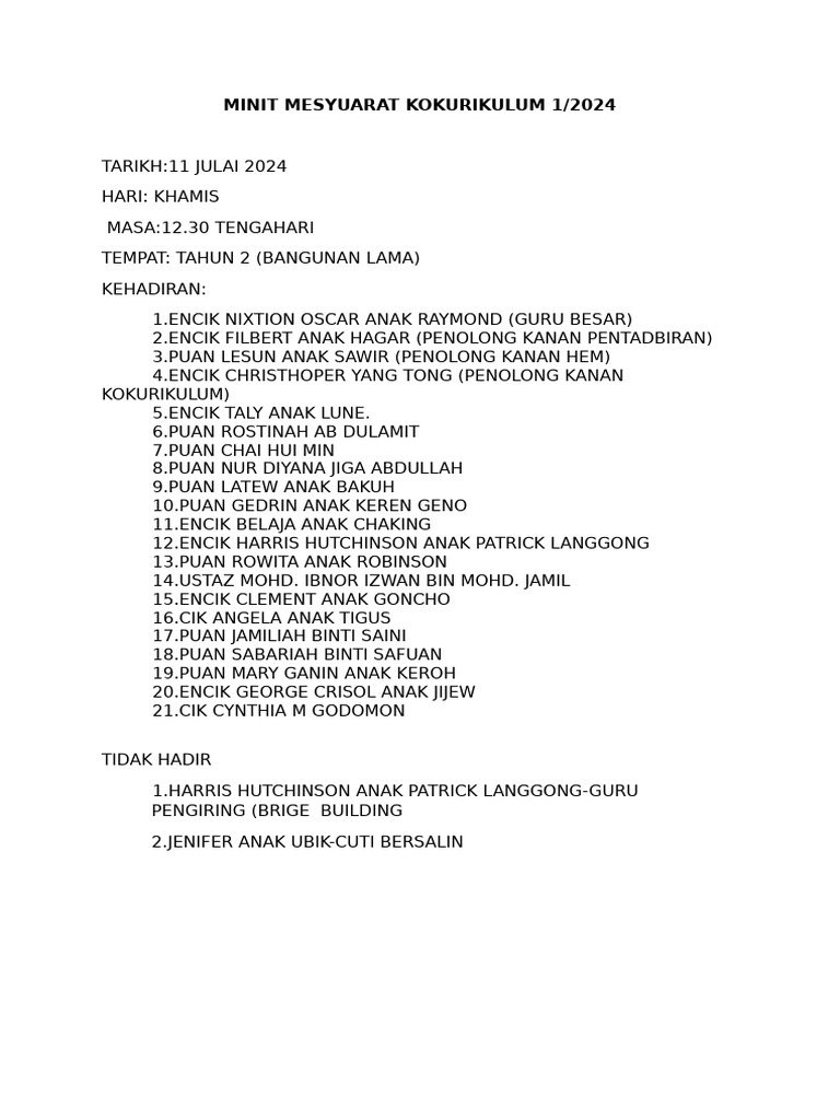 Minit Mesyuarat Kokurikulum 1 | PDF