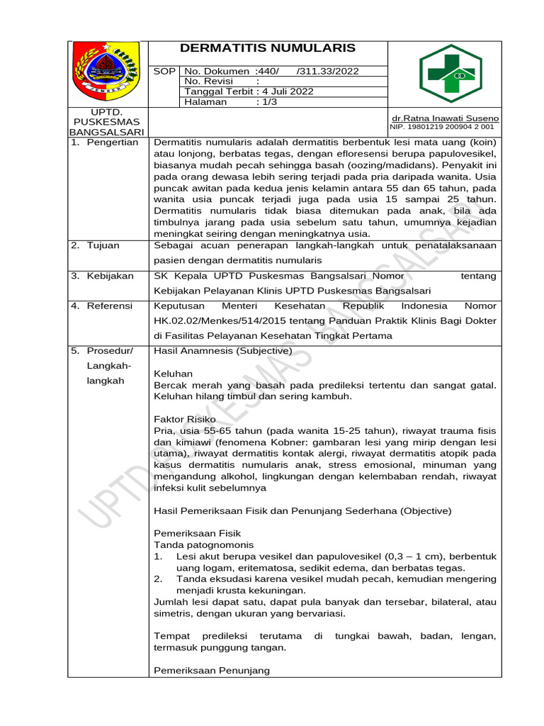 Sop Dermatitis Numularis | PDF