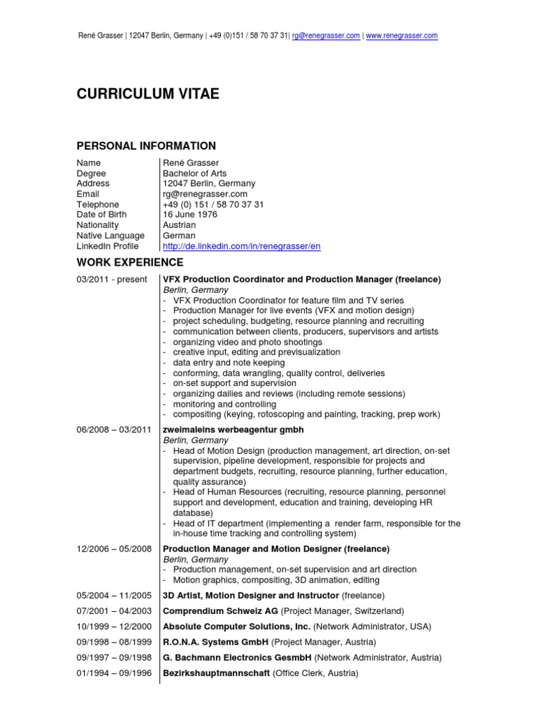 VFX Production Coordinator in Vancouver London CV Resume Rene Grasser ...