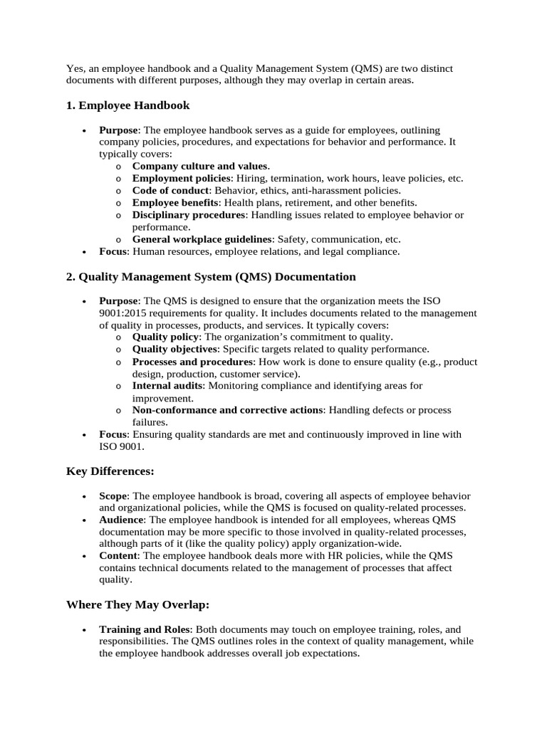 Differences between Employee handbook and QMS | PDF