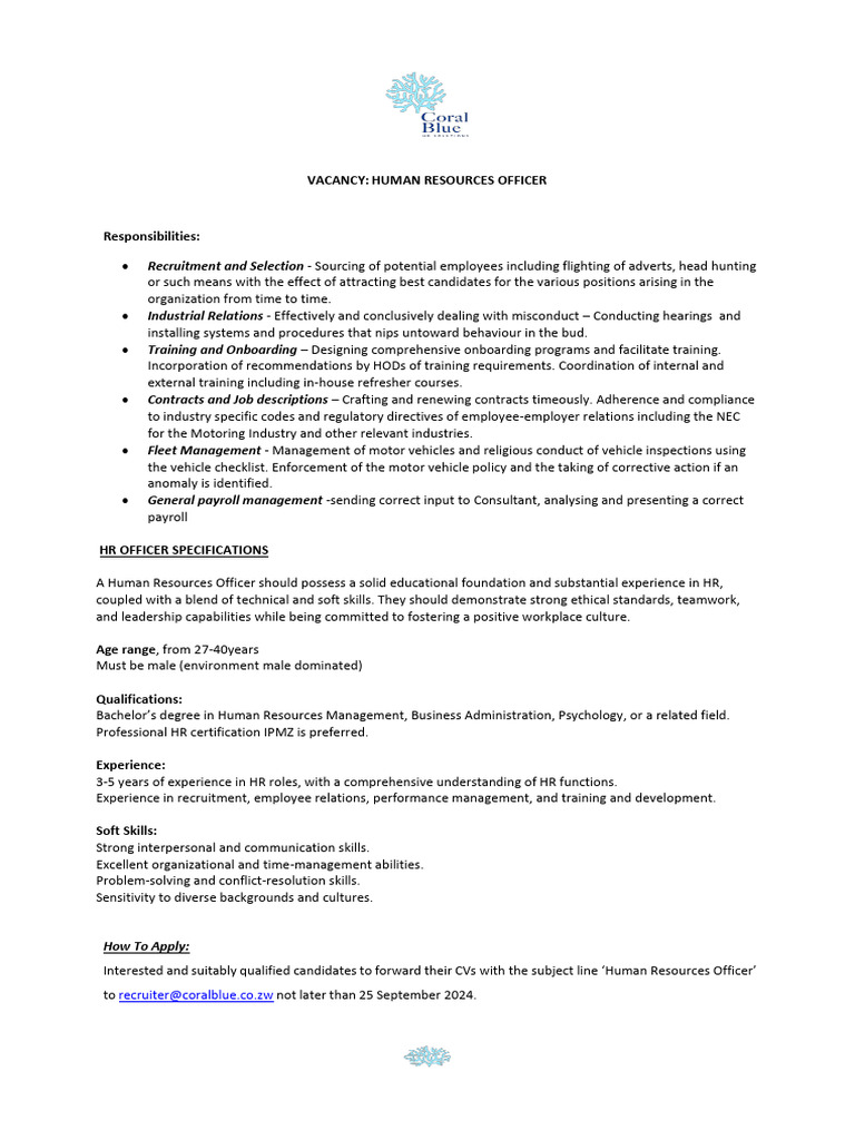 Human Resources Officer Advert | PDF